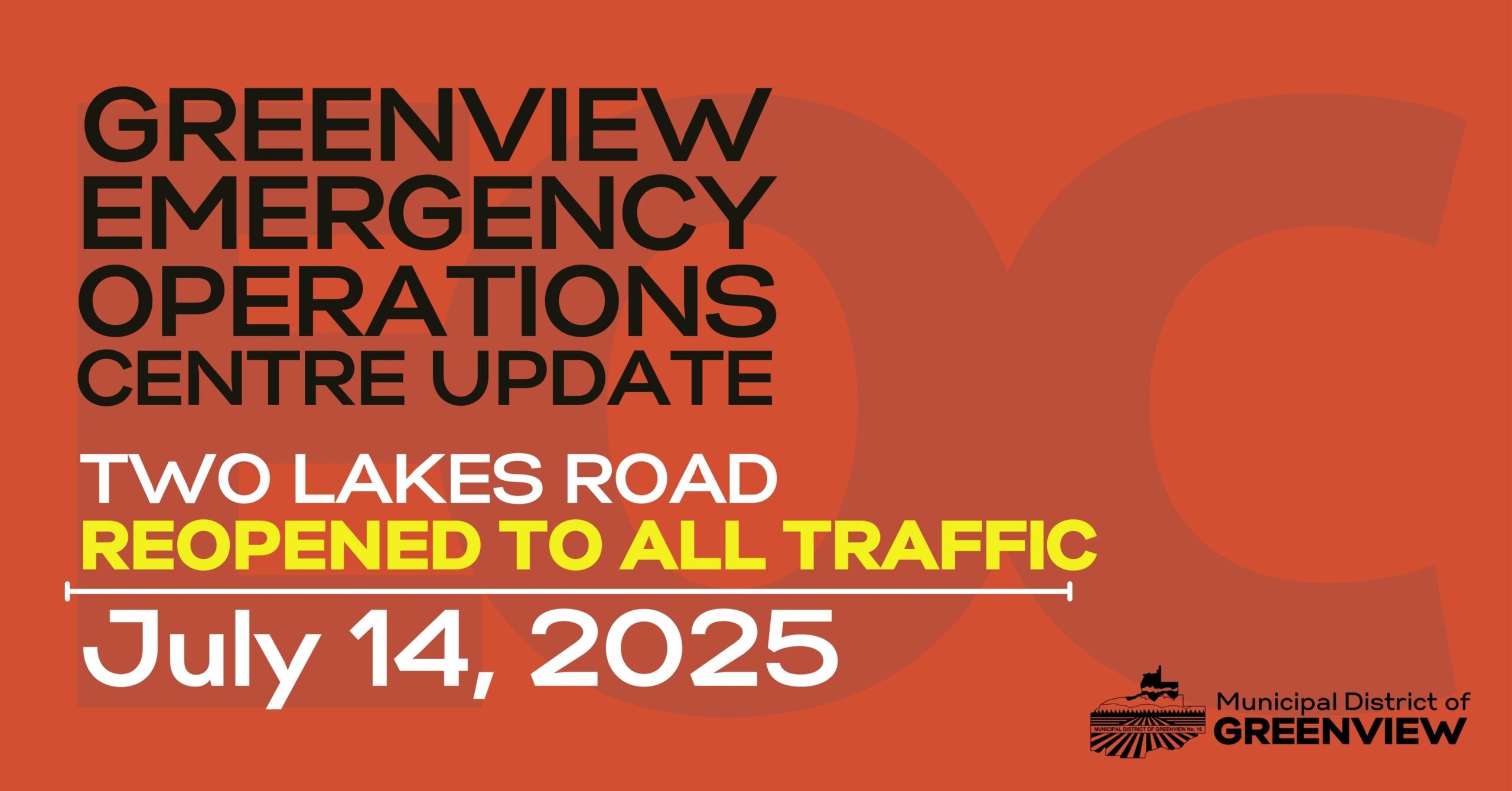 MD of Greenview #16 – PUBLIC NOTICE - Two Lakes Road CLOSED at km 2-65